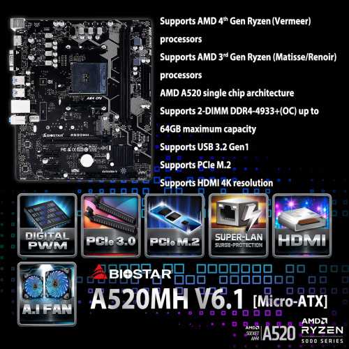 BIOSTAR MARKETING CLOUD -BIOSTAR, A520, A520MH, AMD, Ryzen, Motherboard, MB